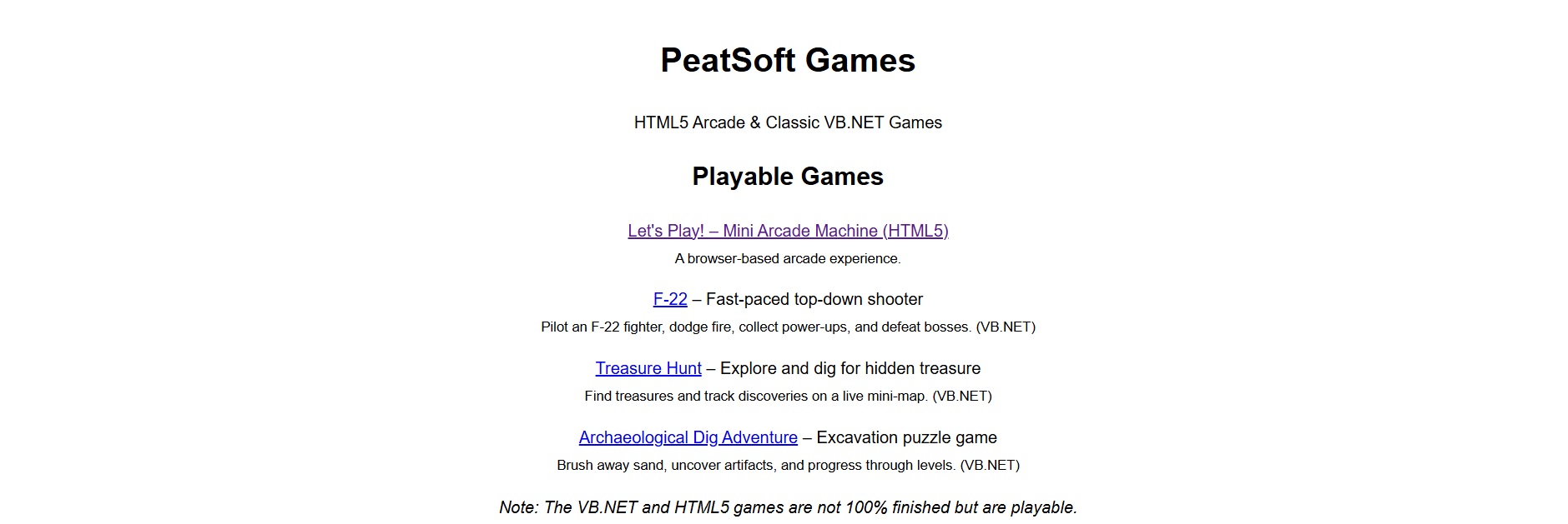 PeatSoft – Free HTML5 Arcade & VB.NET Games and Tools
